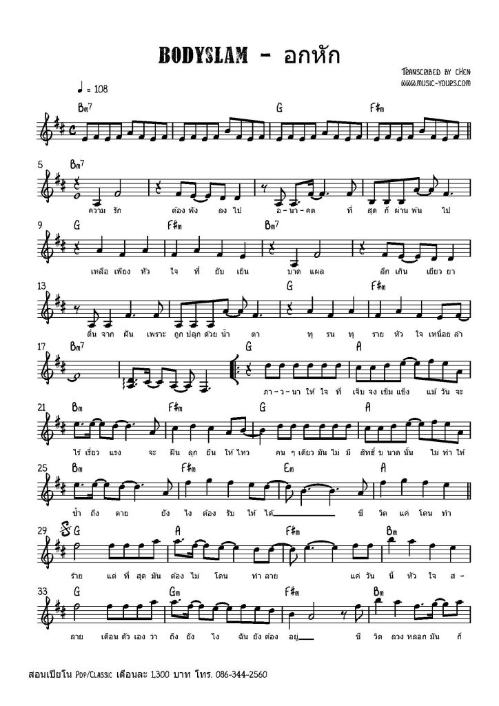 Bodyslam - อกหัก โน้ตเปียโน เรียนเปียโน สอนเปียโน เปียโนป๊อป